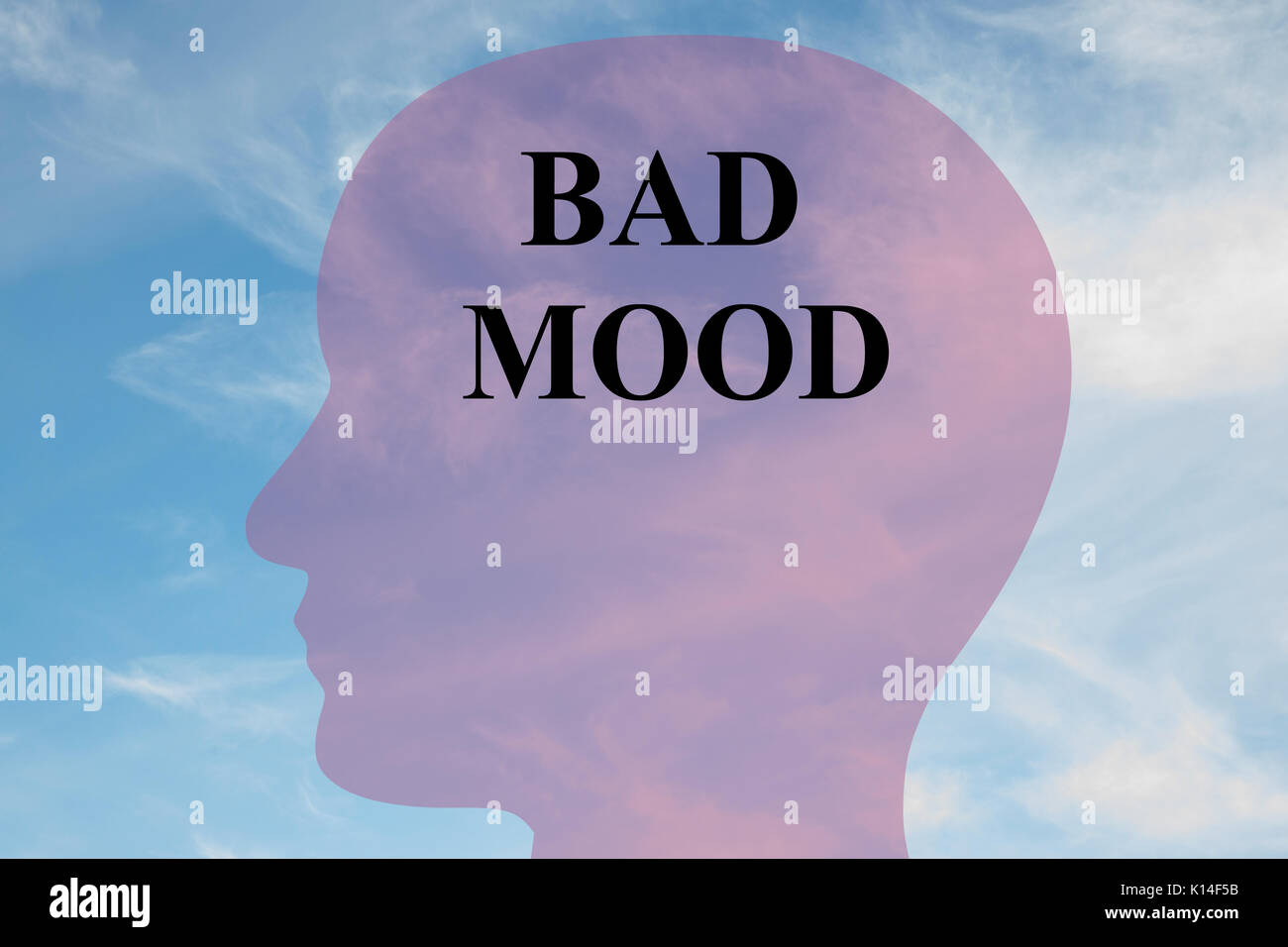 Render illustration of "BAD MOOD" title on head silhouette, with cloudy ...