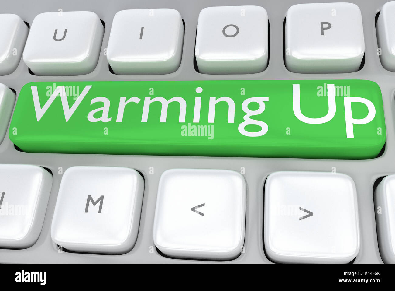 Render illustration of computer keyboard with the print "Warming Up" on ...