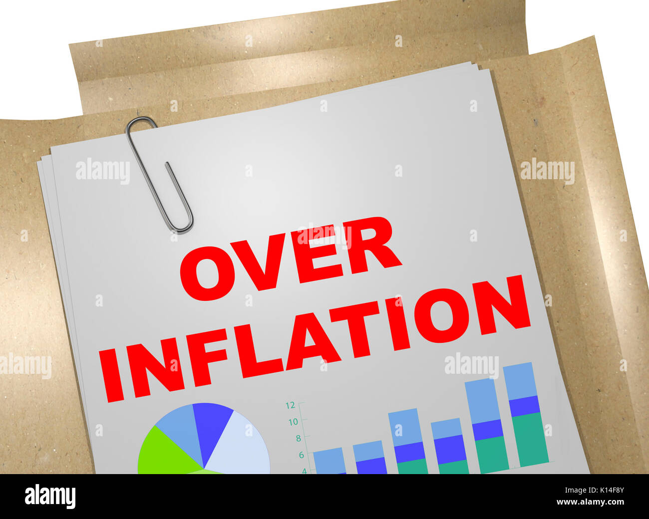 3D illustration of "OVER INFLATION" title on business document Stock ...