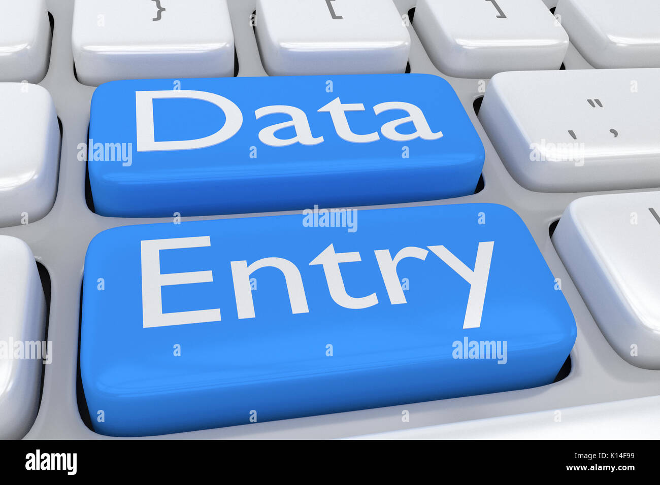 3D illustration of computer keyboard with the script "Data Entry" on two adjacent pale blue ...