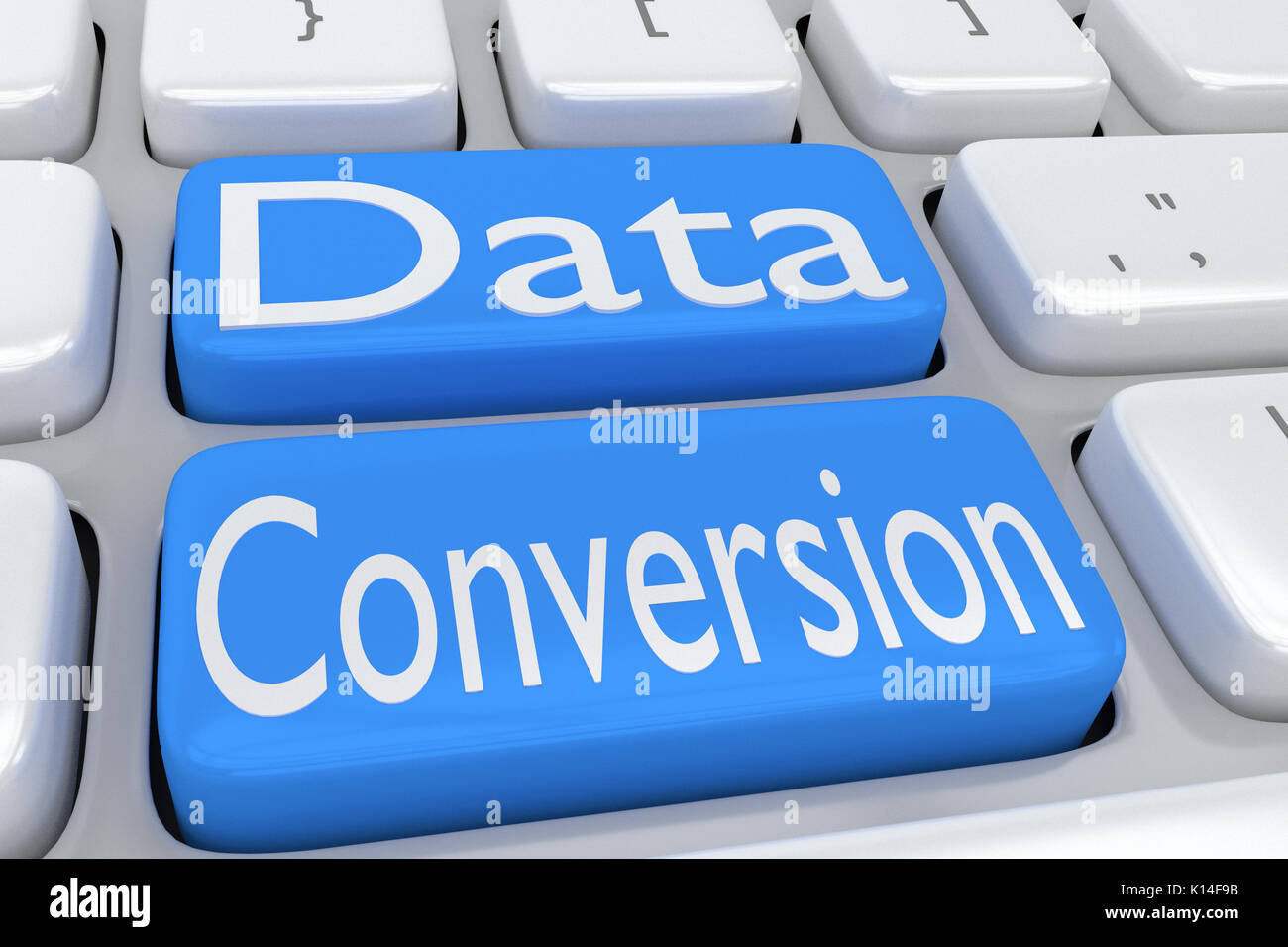3D illustration of computer keyboard with the script "Data Conversion" on two adjacent pale blue ...