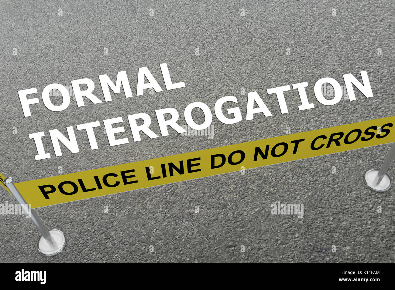 3D illustration of "FORMAL INTERROGATION" title on the ground in a ...