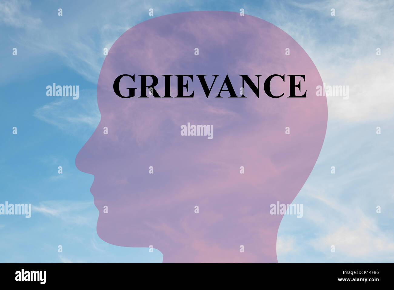 Render illustration of "GRIEVANCE" title on head silhouette, with ...
