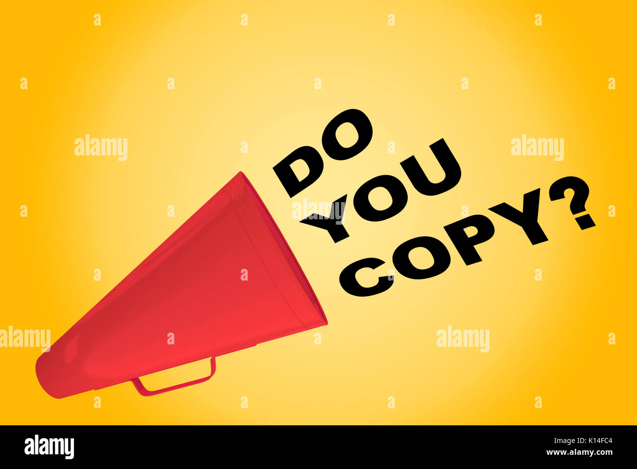 3D illustration of "DO YOU COPY?" title flowing from a loudspeaker ...