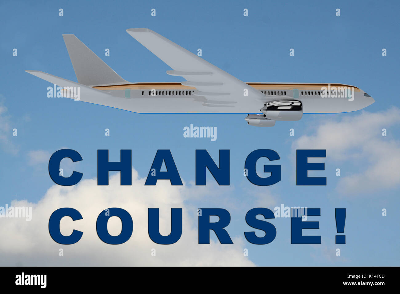 3D illustration of "CHANGE COURSE!" title on cloudy sky as a background ...