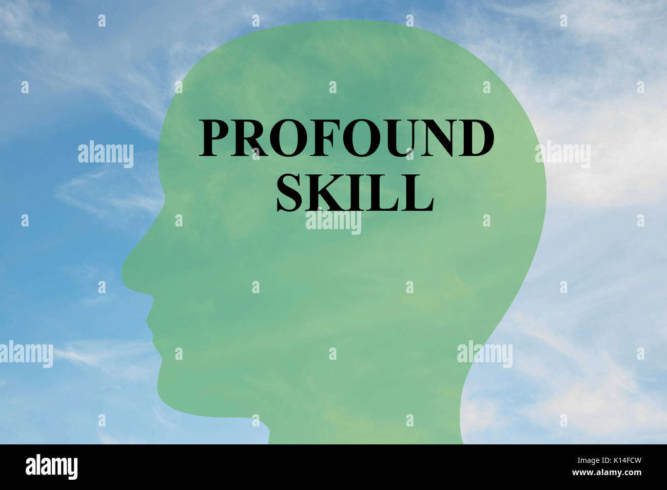 Render illustration of "PROFOUND SKILL" script on head silhouette, with ...