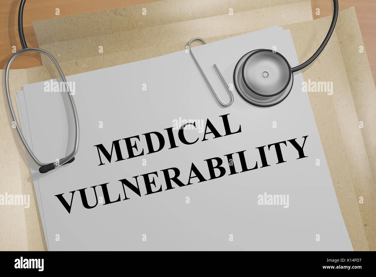 3D illustration of "MEDICAL VULNERABILITY" title on a medical document ...