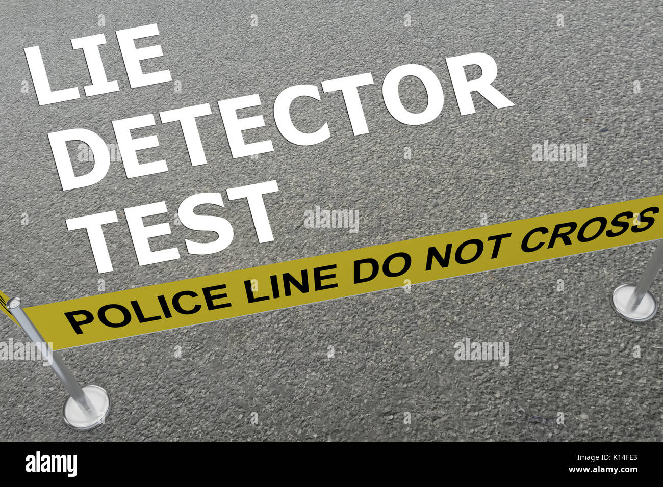 3D illustration of "LIE DETECTOR TEST" title on the ground in a police ...