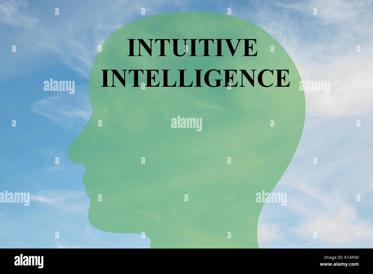 Render illustration of "INTUITIVE INTELLIGENCE" script on head ...