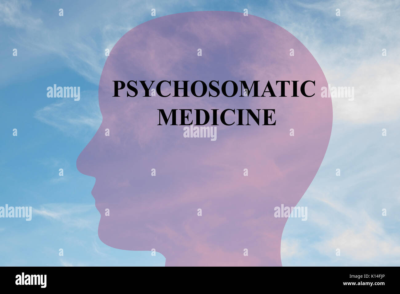Render illustration of "PSYCHOSOMATIC MEDICINE" title on head ...