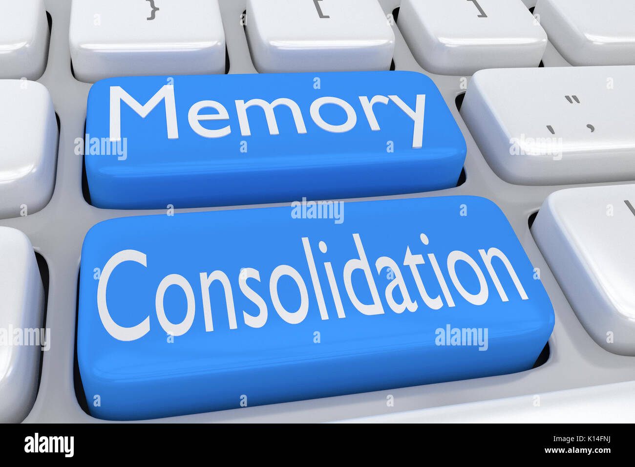 3D illustration of computer keyboard with the script "Memory Consolidation" on two adjacent pale ...