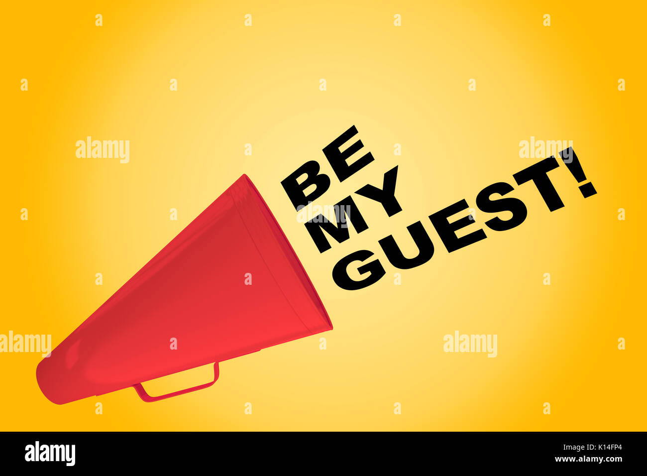 3D illustration of "BE MY GUEST!" title flowing from a loudspeaker ...