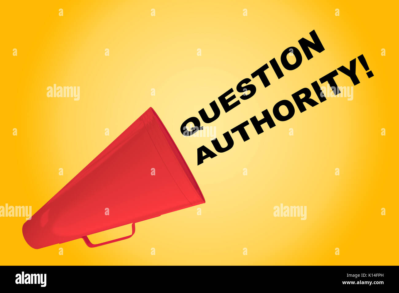 3D illustration of "QUESTION AUTHORITY!" title flowing from a ...