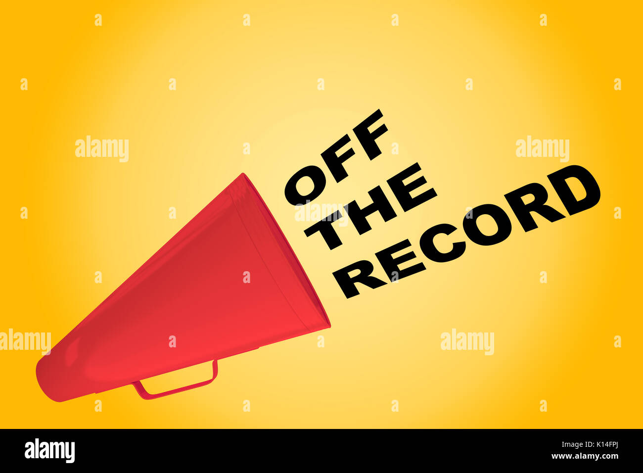 3D illustration of "OFF THE RECORD" title flowing from a loudspeaker ...