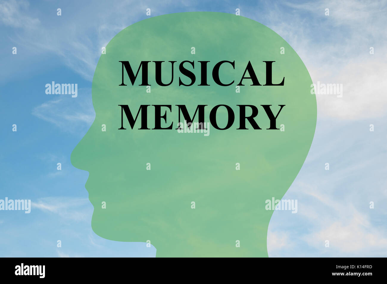 Render illustration of "MUSICAL MEMORY" script on head silhouette, with ...