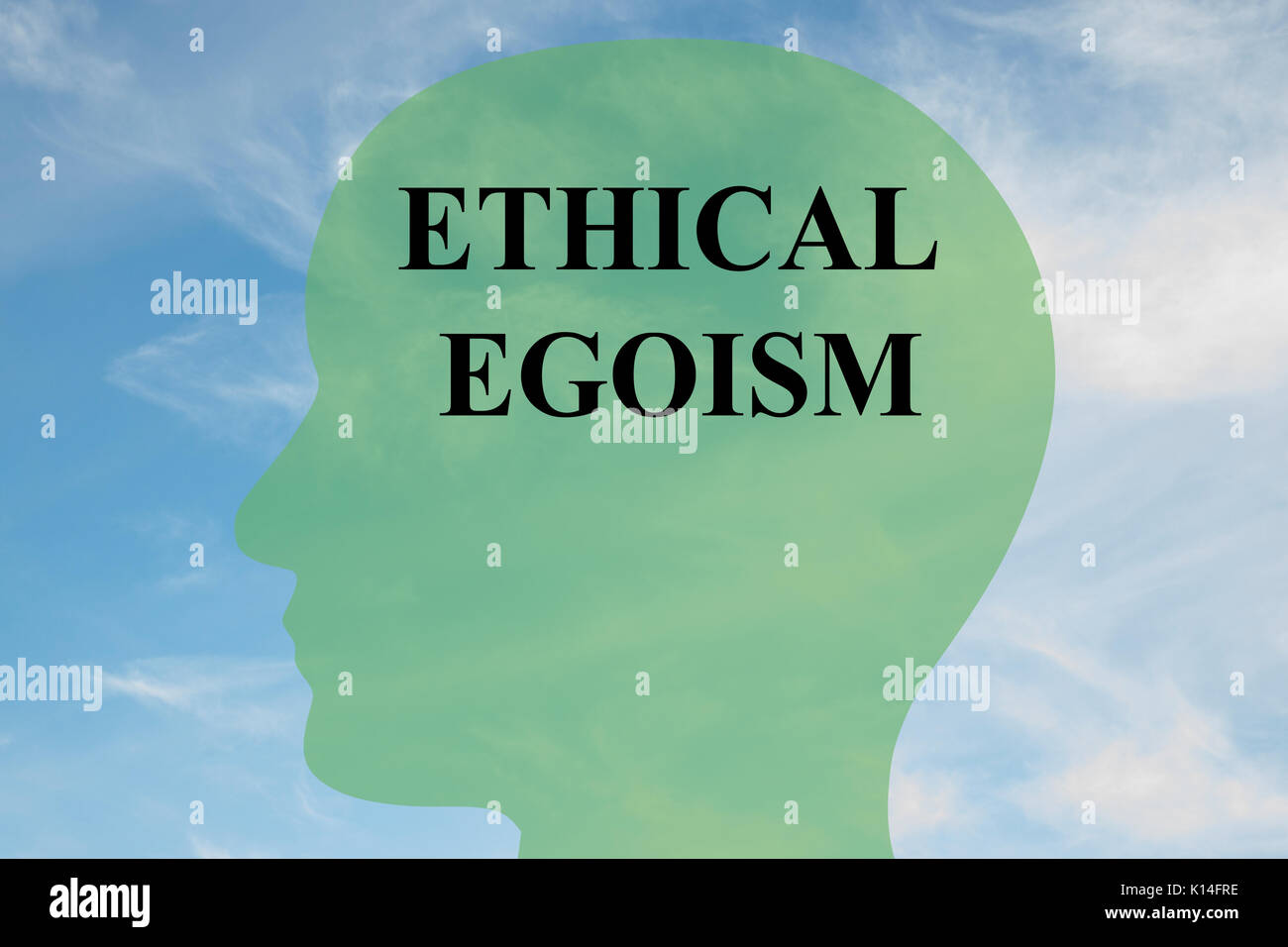 Render illustration of "ETHICAL EGOISM" script on head silhouette, with ...