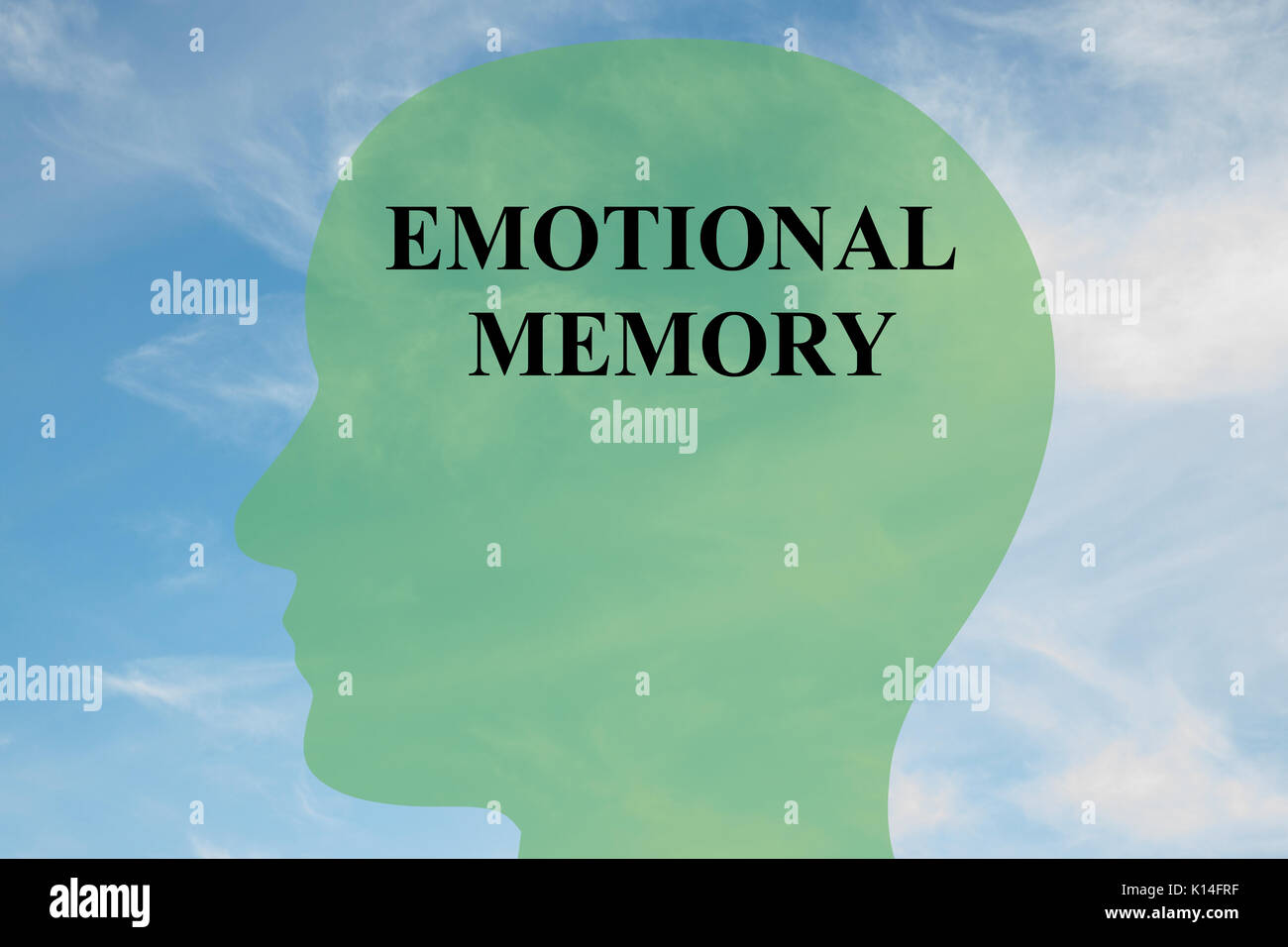 Render illustration of "EMOTIONAL MEMORY" script on head silhouette ...