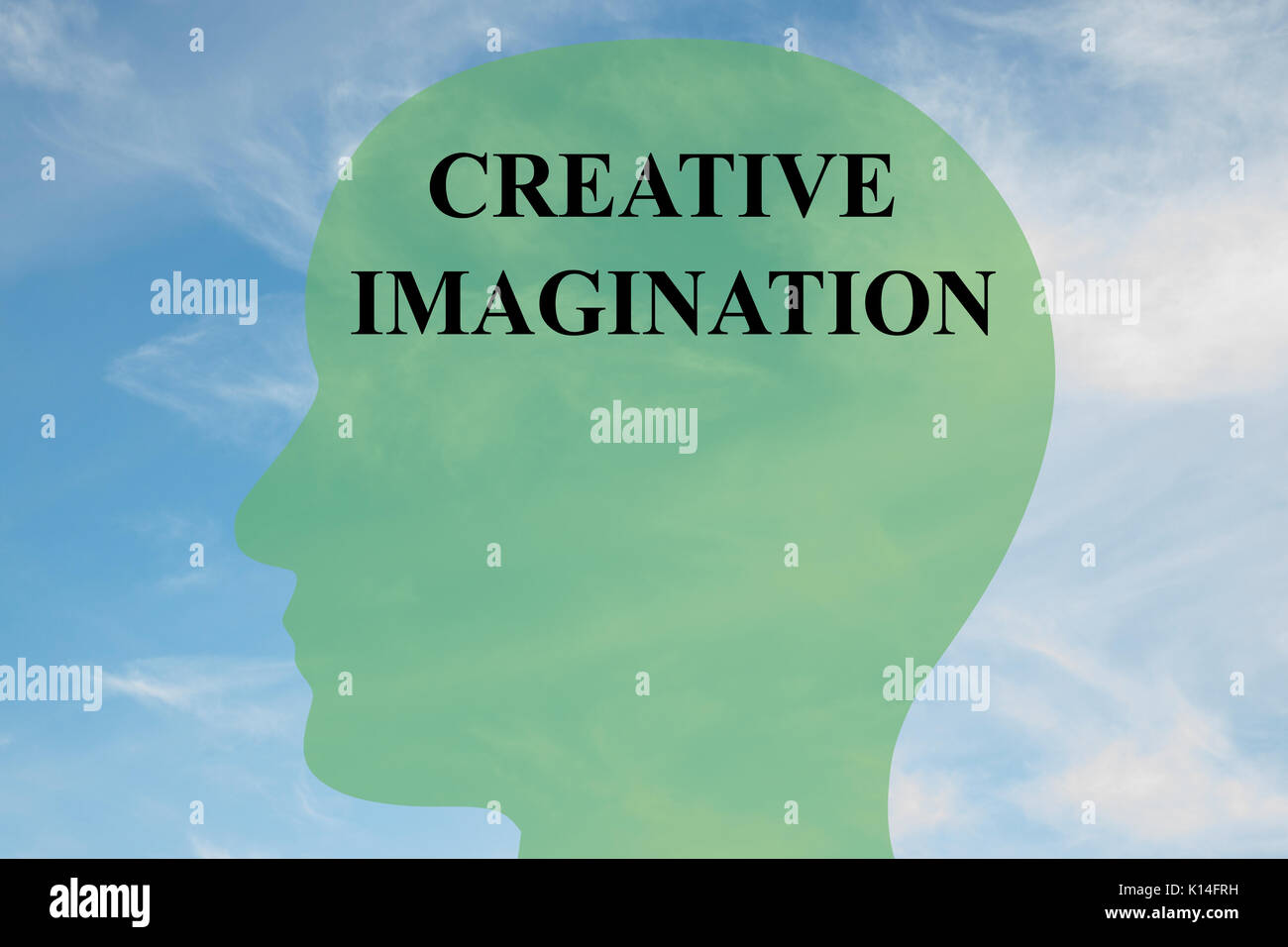 Render illustration of "CREATIVE IMAGINATION" script on head silhouette ...