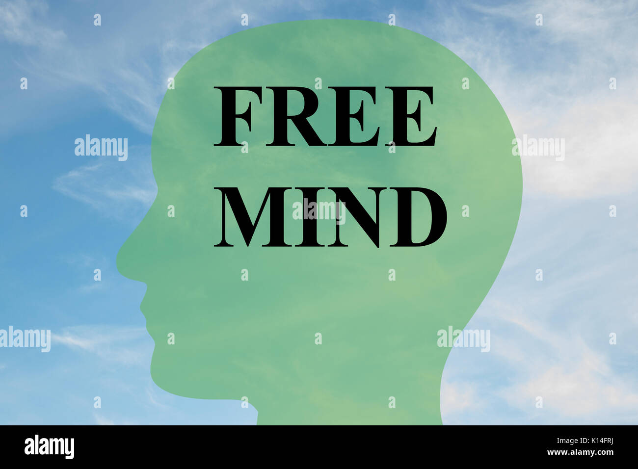 Render illustration of "FREE MIND" script on head silhouette, with ...