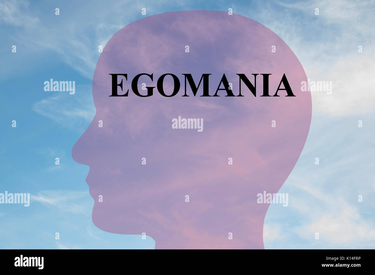 Render illustration of "EGOMANIA" title on head silhouette, with cloudy ...