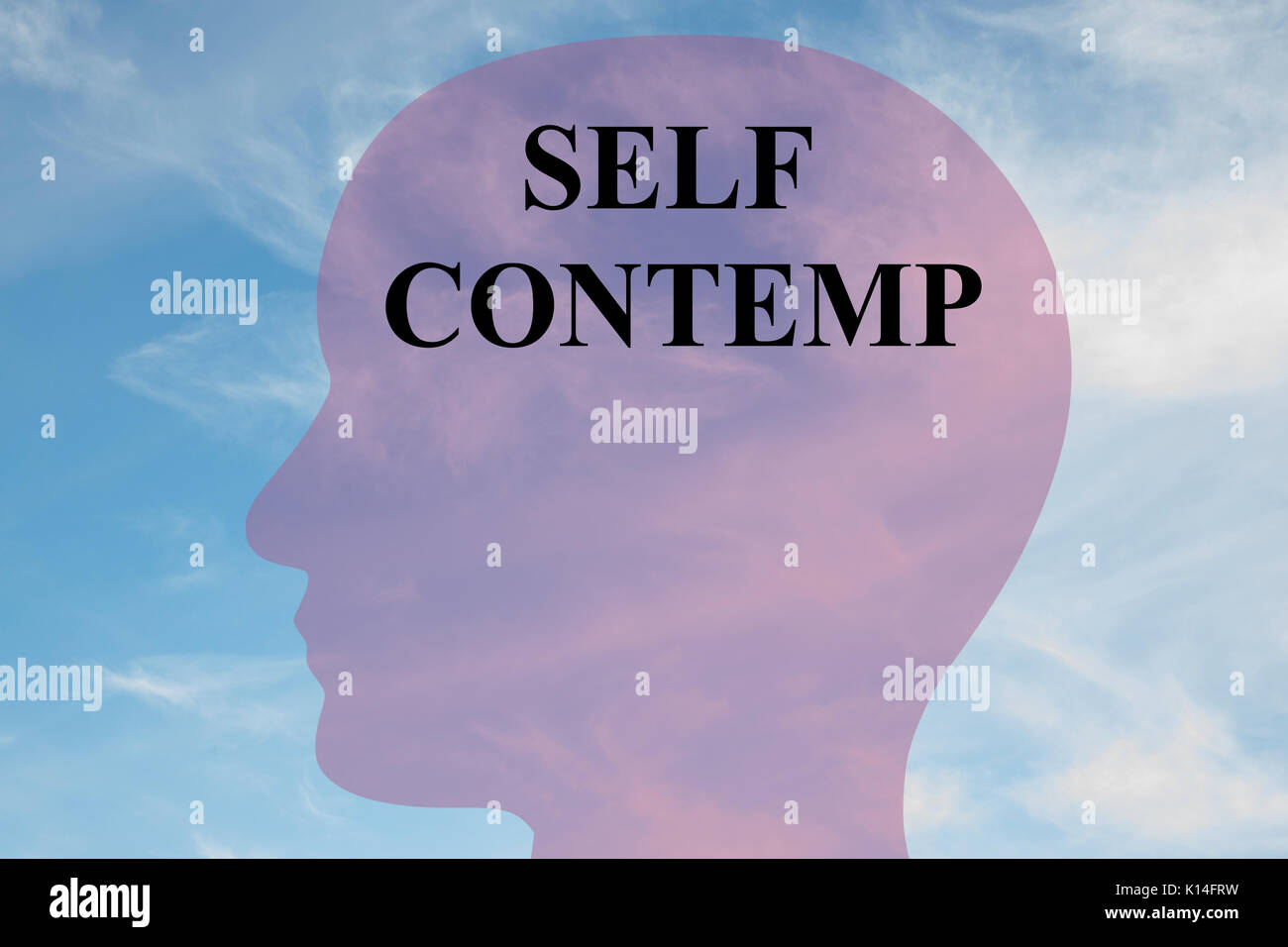 Render illustration of "SELF CONTEMP" title on head silhouette, with ...