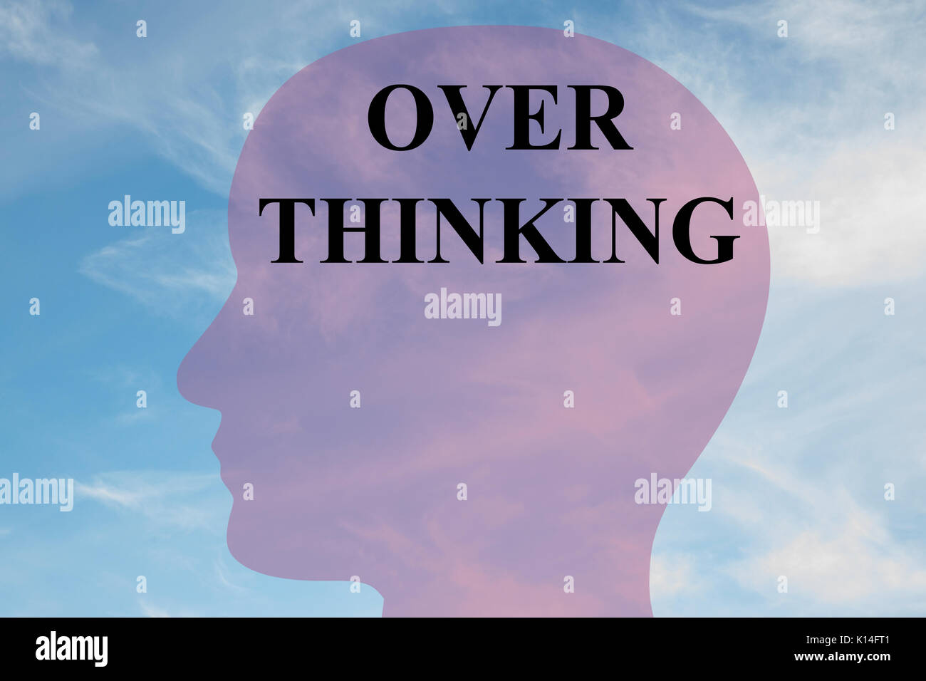 Render illustration of "OVER THINKING" title on head silhouette, with ...