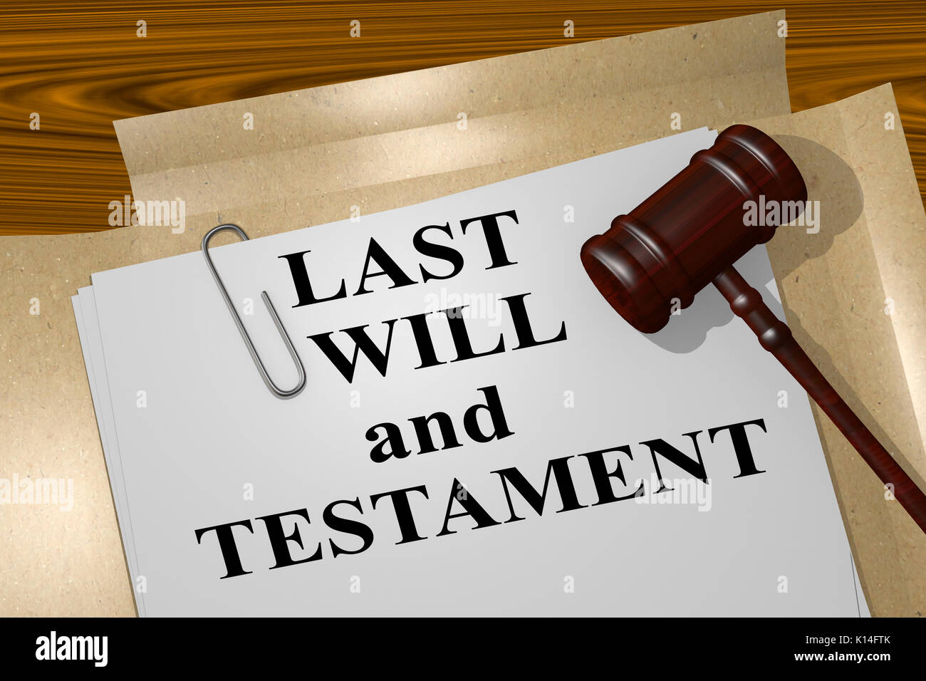 3D illustration of "LAST WILL and TESTAMENT" title on legal document ...