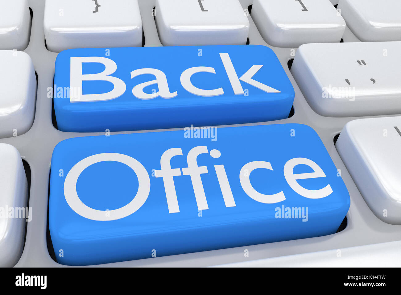 3D illustration of computer keyboard with the script "Back Office" on two adjacent pale blue ...