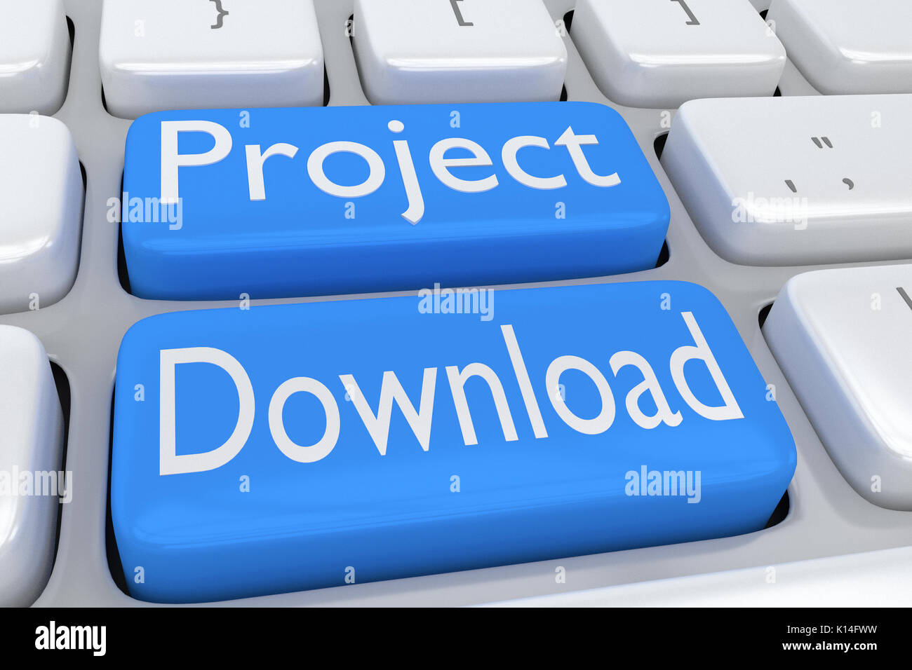3D illustration of computer keyboard with the script "Project Download" on two adjacent pale ...