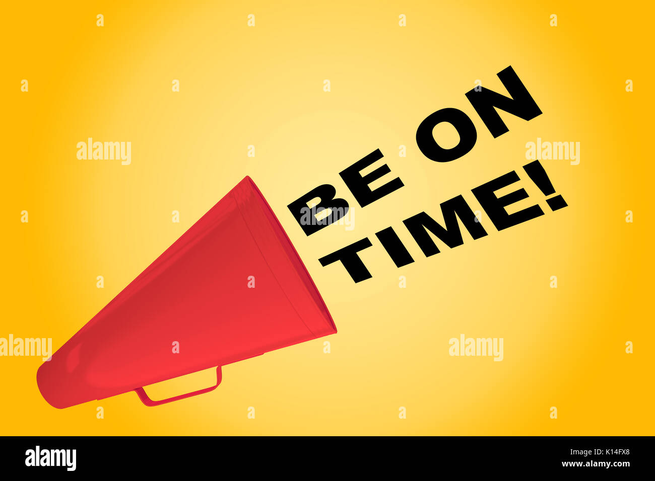 3D illustration of "BE ON TIME!" title flowing from a loudspeaker Stock ...