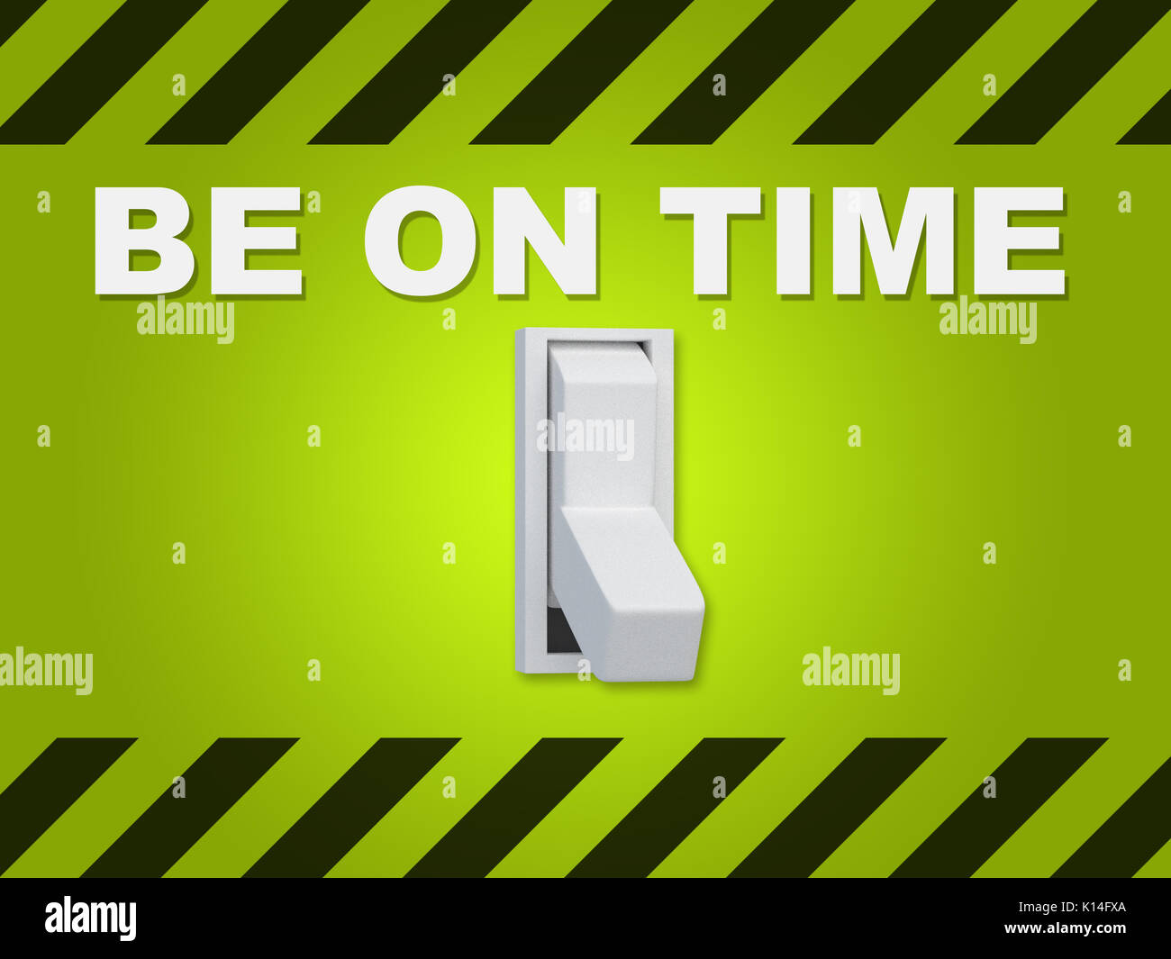 3D illustration of "BE ON TIME" title above an electric switch on green ...