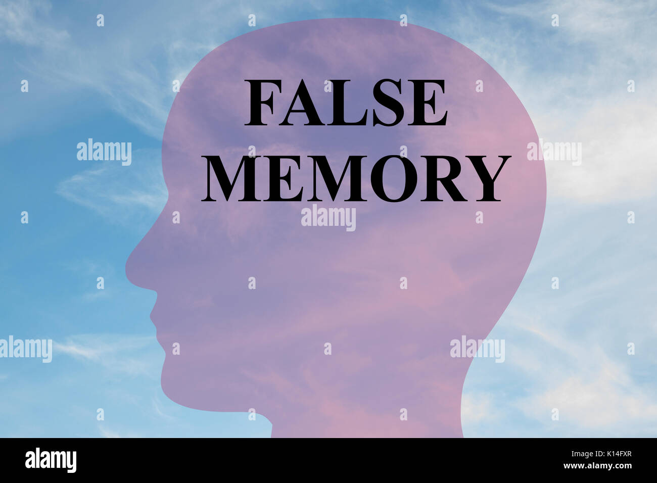 Render illustration of "FALSE MEMORY" title on head silhouette, with ...