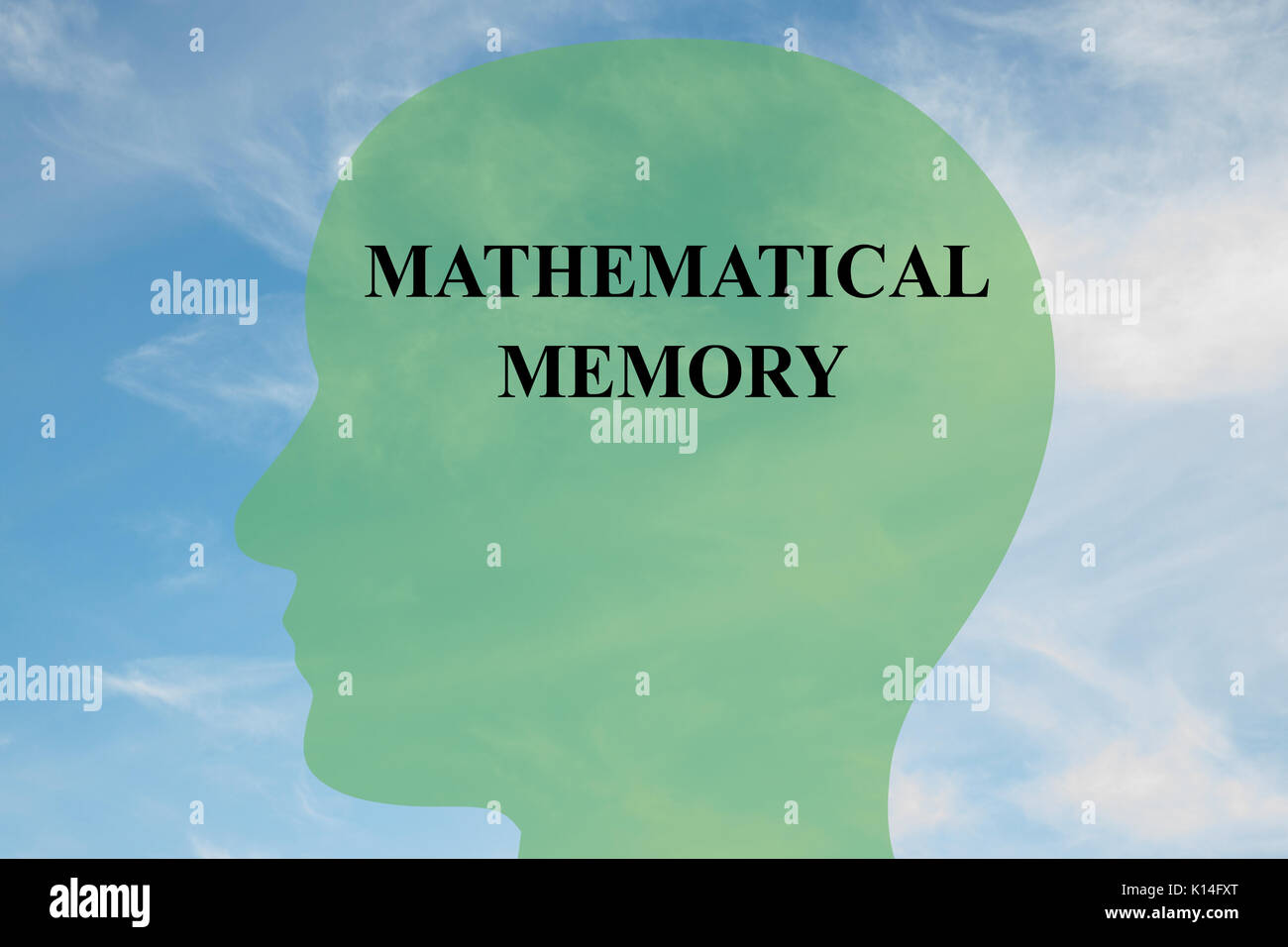 Render illustration of "MATHEMATICAL MEMORY" script on head silhouette ...