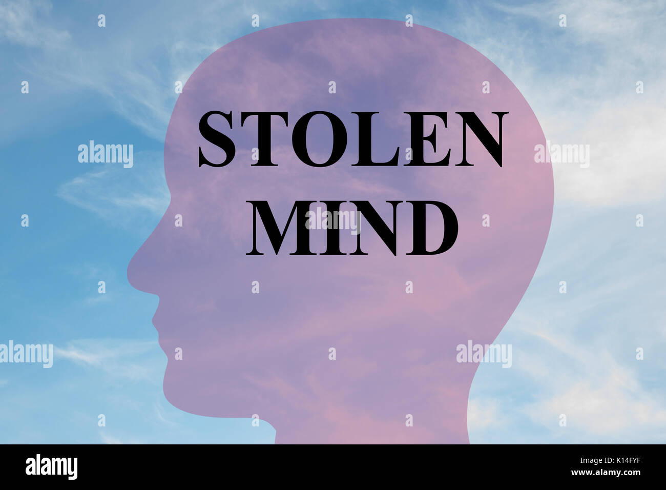 Render illustration of "STOLEN MIND" title on head silhouette, with ...