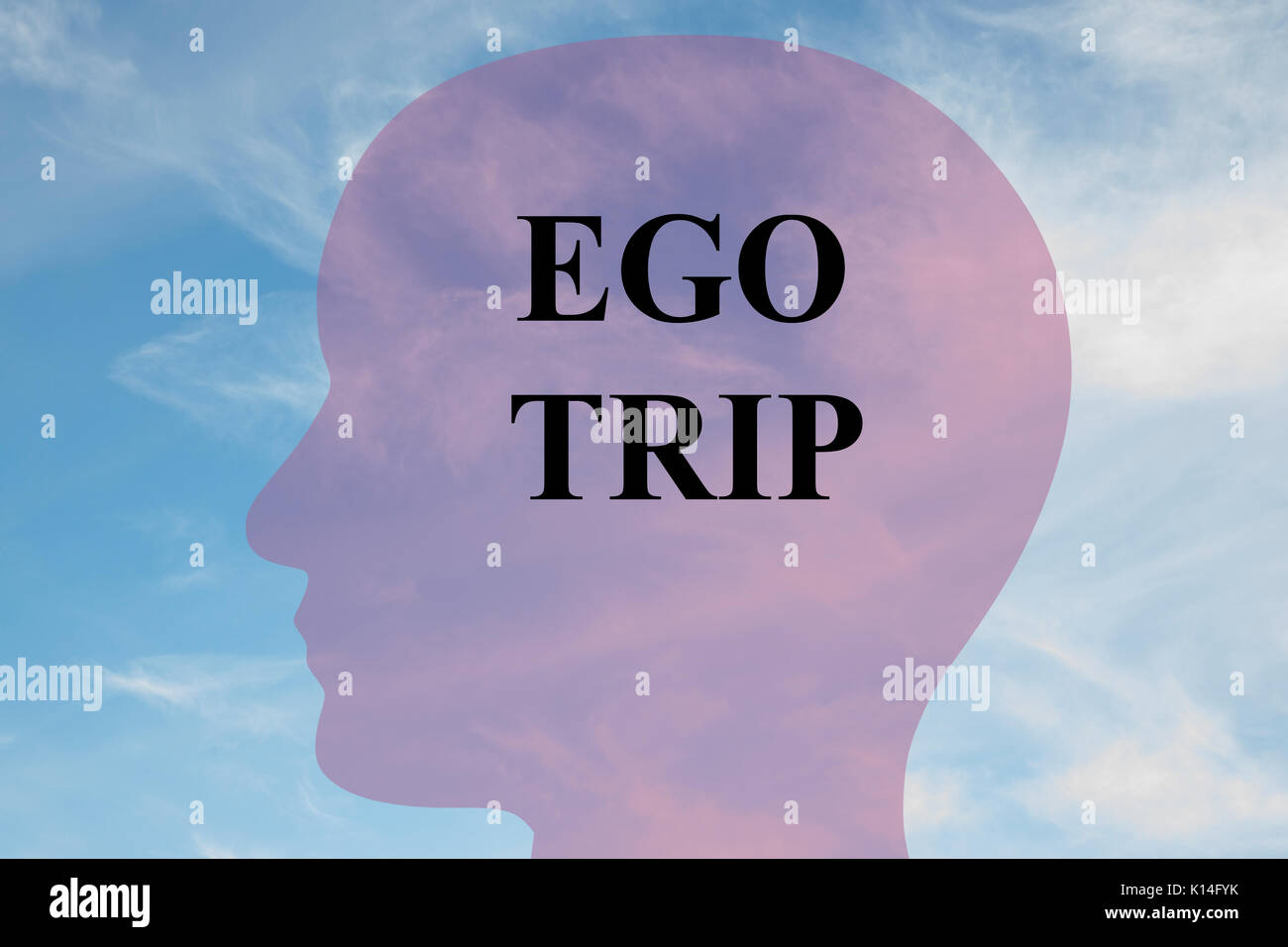 Render illustration of "EGO TRIP" title on head silhouette, with cloudy ...