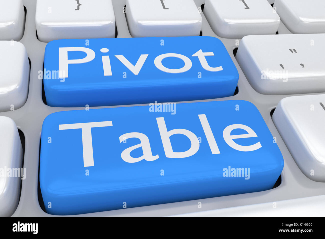 3D illustration of computer keyboard with the script "Pivot Table" on two adjacent pale blue ...