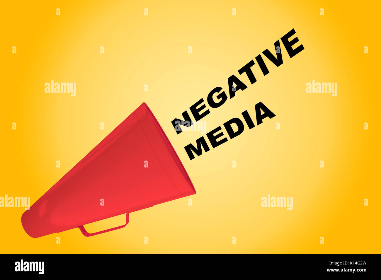 3D illustration of "NEGATIVE MEDIA" title flowing from a loudspeaker ...