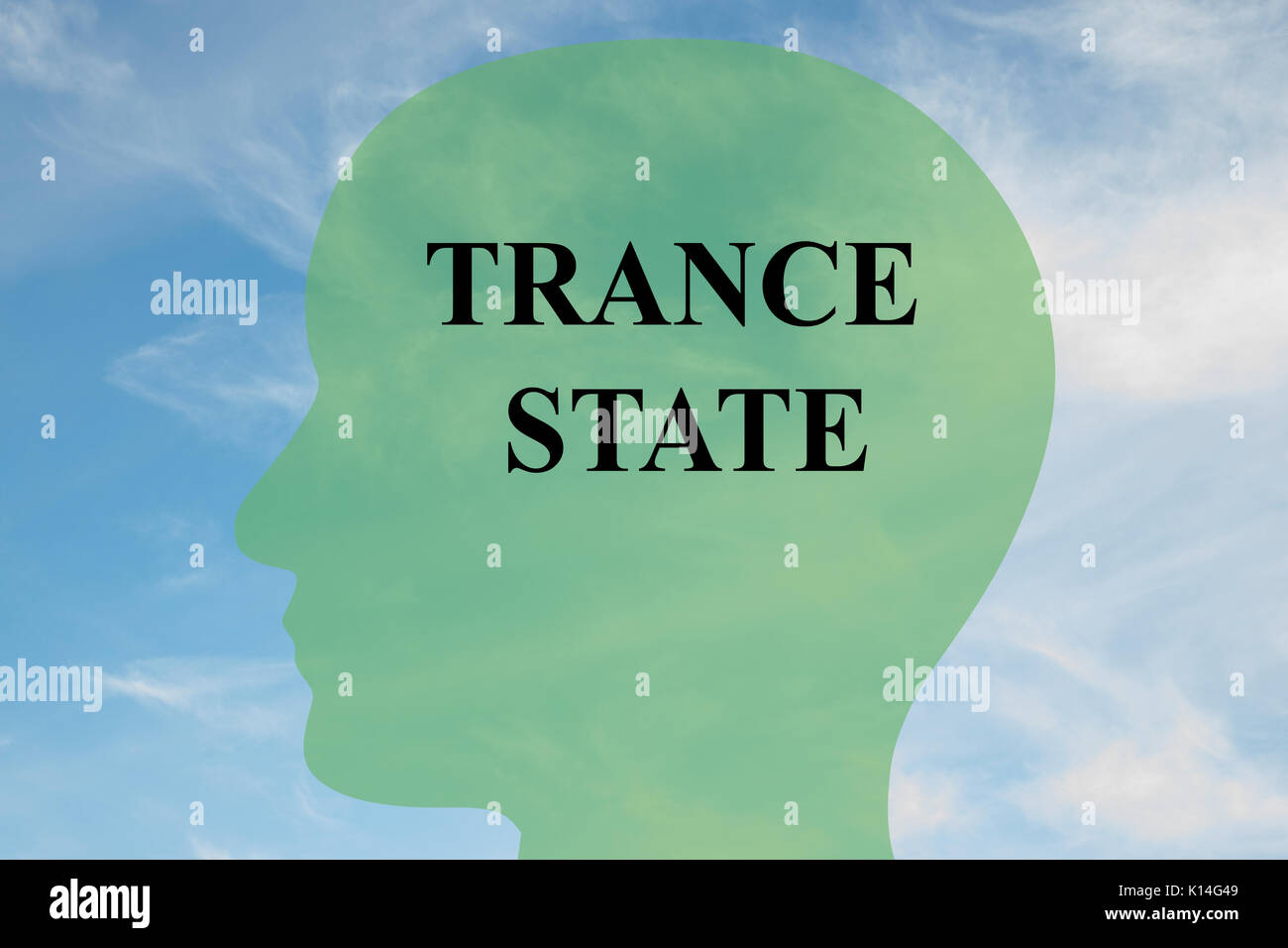 Render illustration of "TRANCE STATE" script on head silhouette, with ...