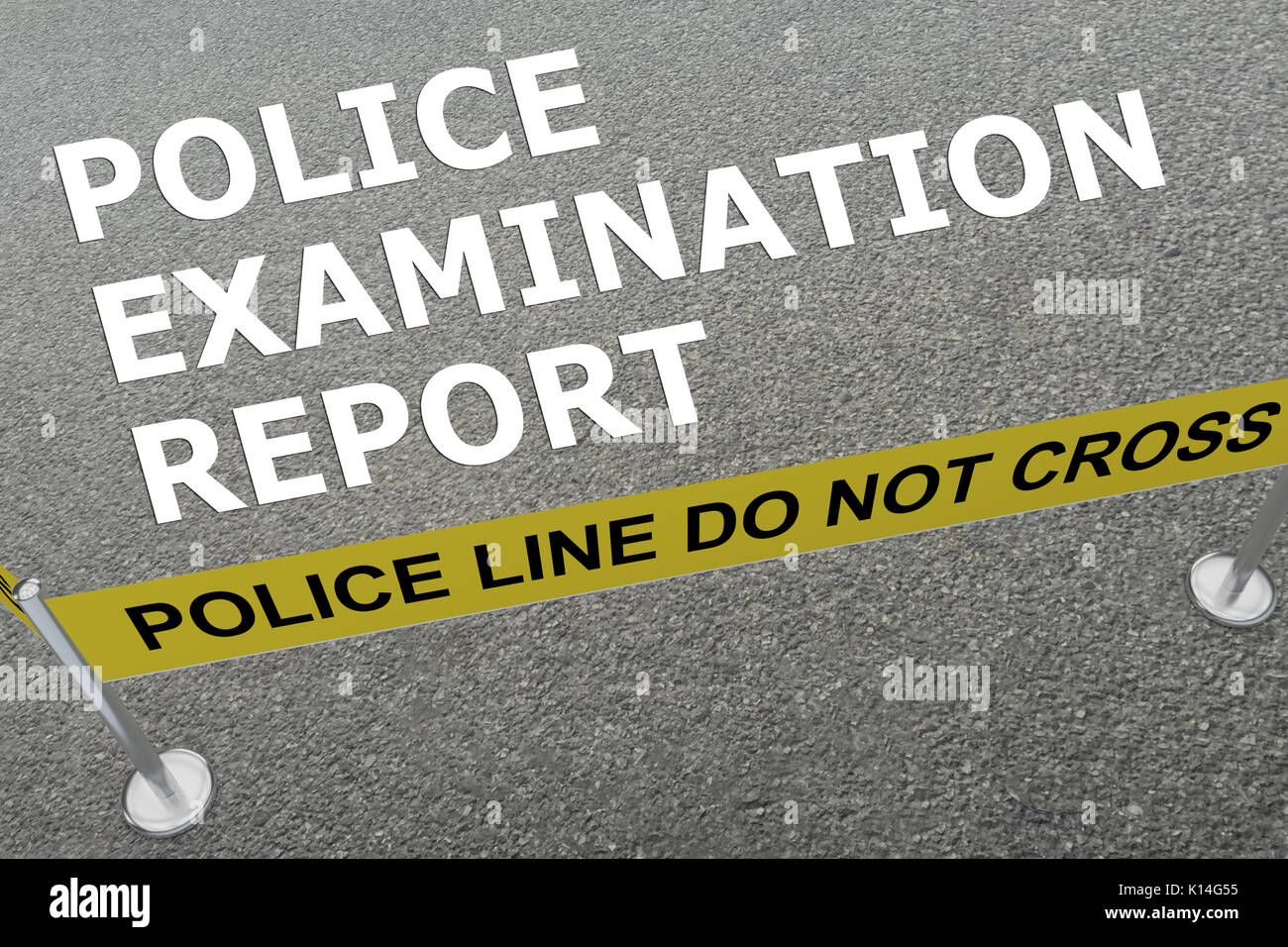3D illustration of "POLICE EXAMINATION REPORT" title on the ground in a ...