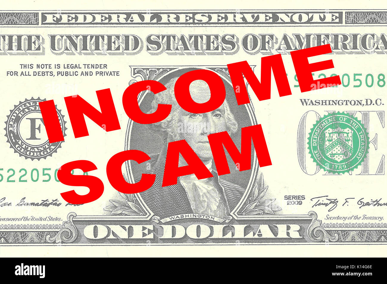 Render illustration of "INCOME SCAM" title on One Dollar bill as a ...