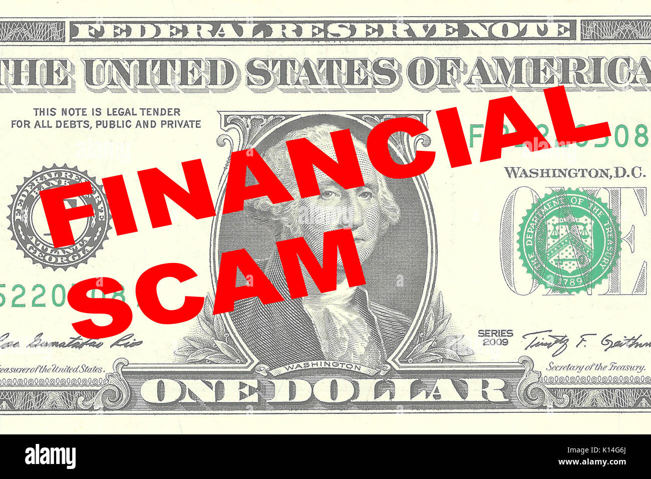 Render illustration of "FINANCIAL SCAM" title on One Dollar bill as a ...