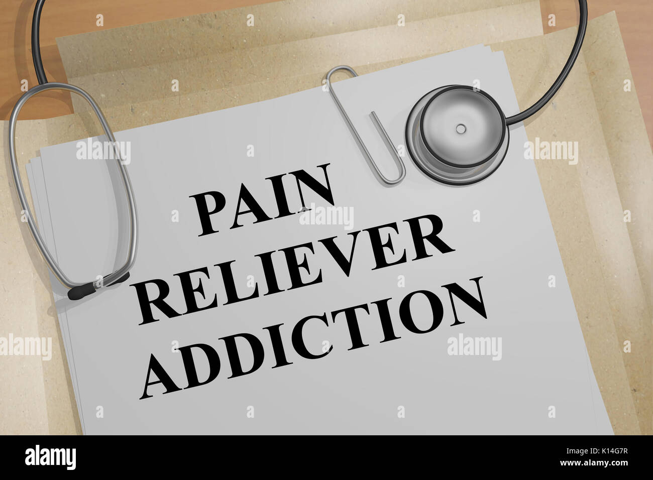 3D illustration of "PAIN RELIEVER ADDICTION" title on a medical ...