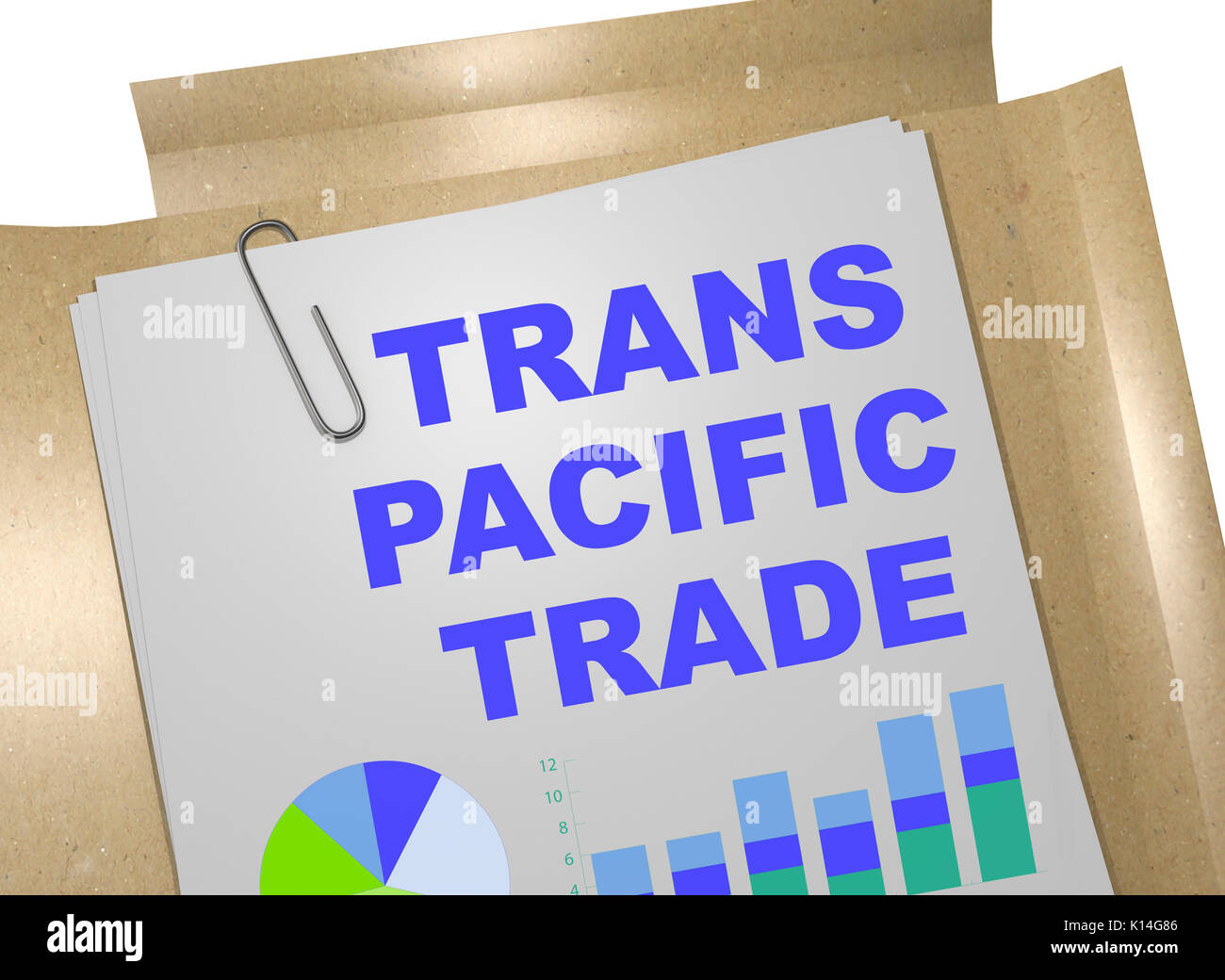 3D illustration of "TRANS PACIFIC TRADE" title on business document ...