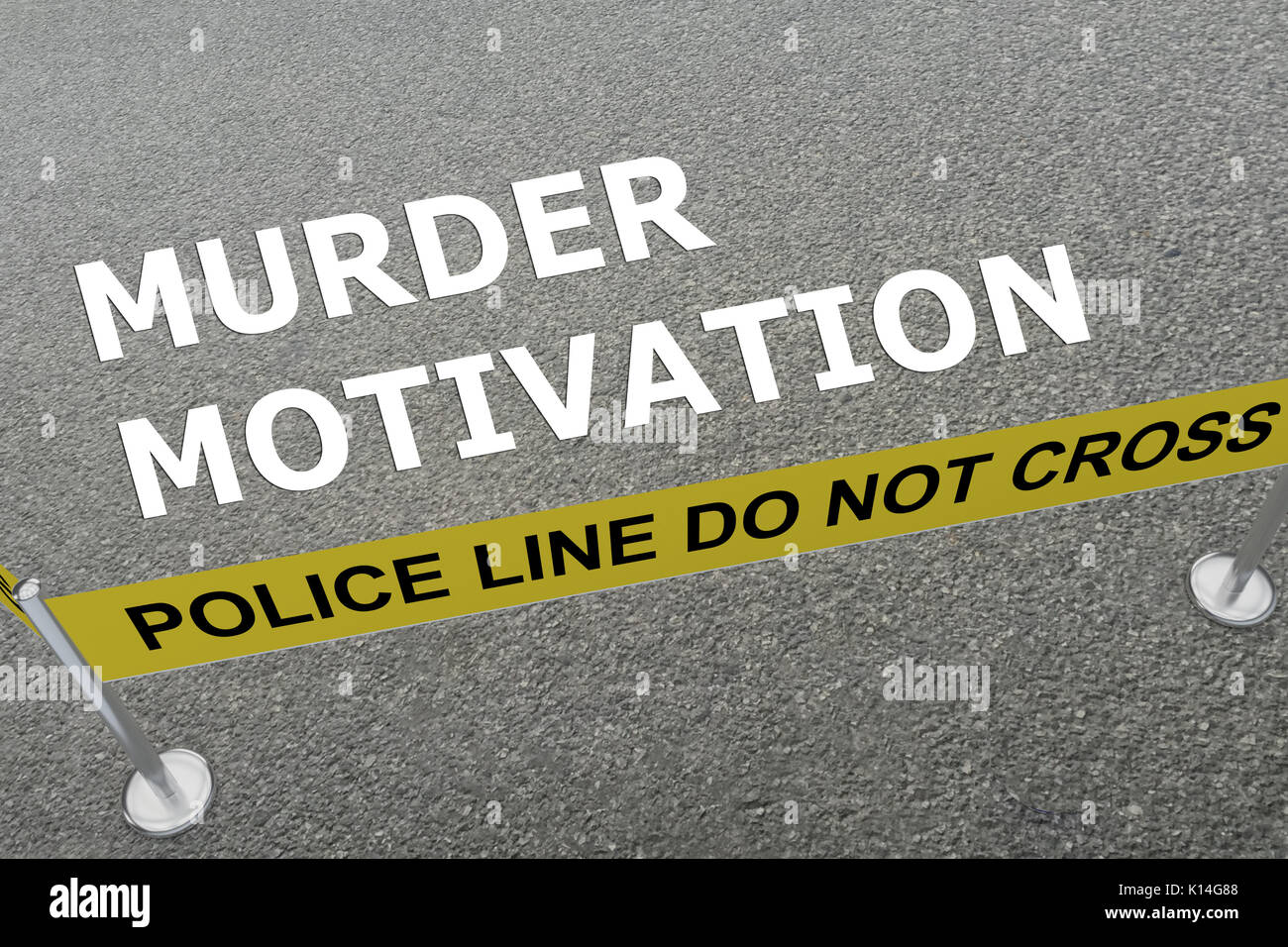 3D illustration of "MURDER MOTIVATION" title on the ground in a police ...