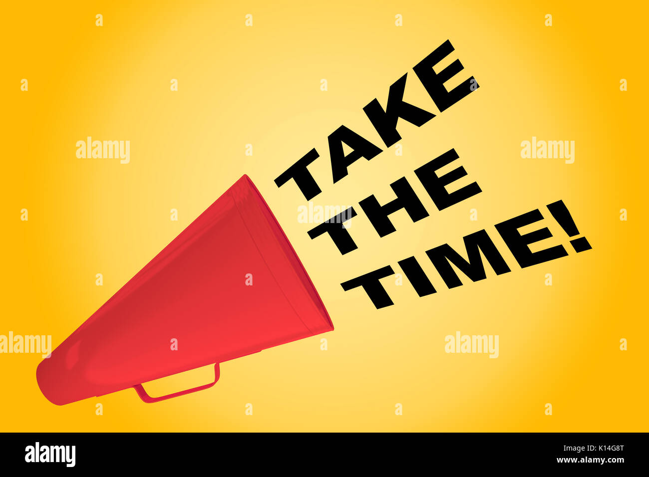 3D illustration of "TAKE THE TIME!" title flowing from a loudspeaker ...