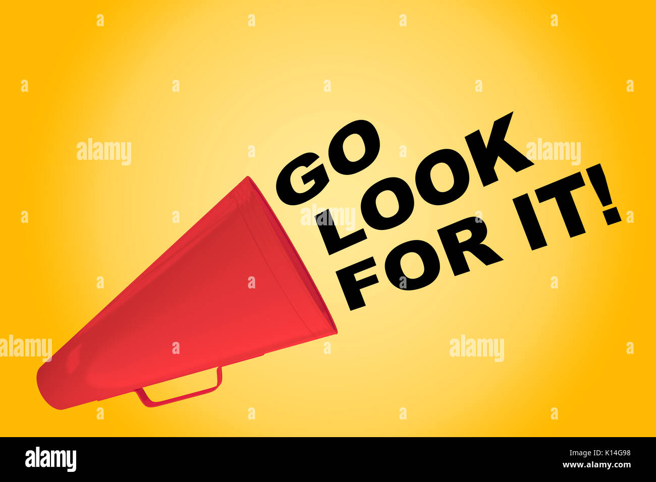 3D illustration of "GO LOOK FOR IT!" title flowing from a loudspeaker ...