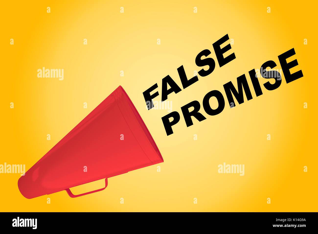 3D illustration of "FALSE PROMISE" title flowing from a loudspeaker ...
