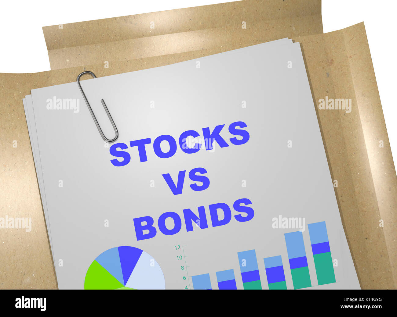 3D illustration of "STOCKS VS BONDS" title on business document Stock ...