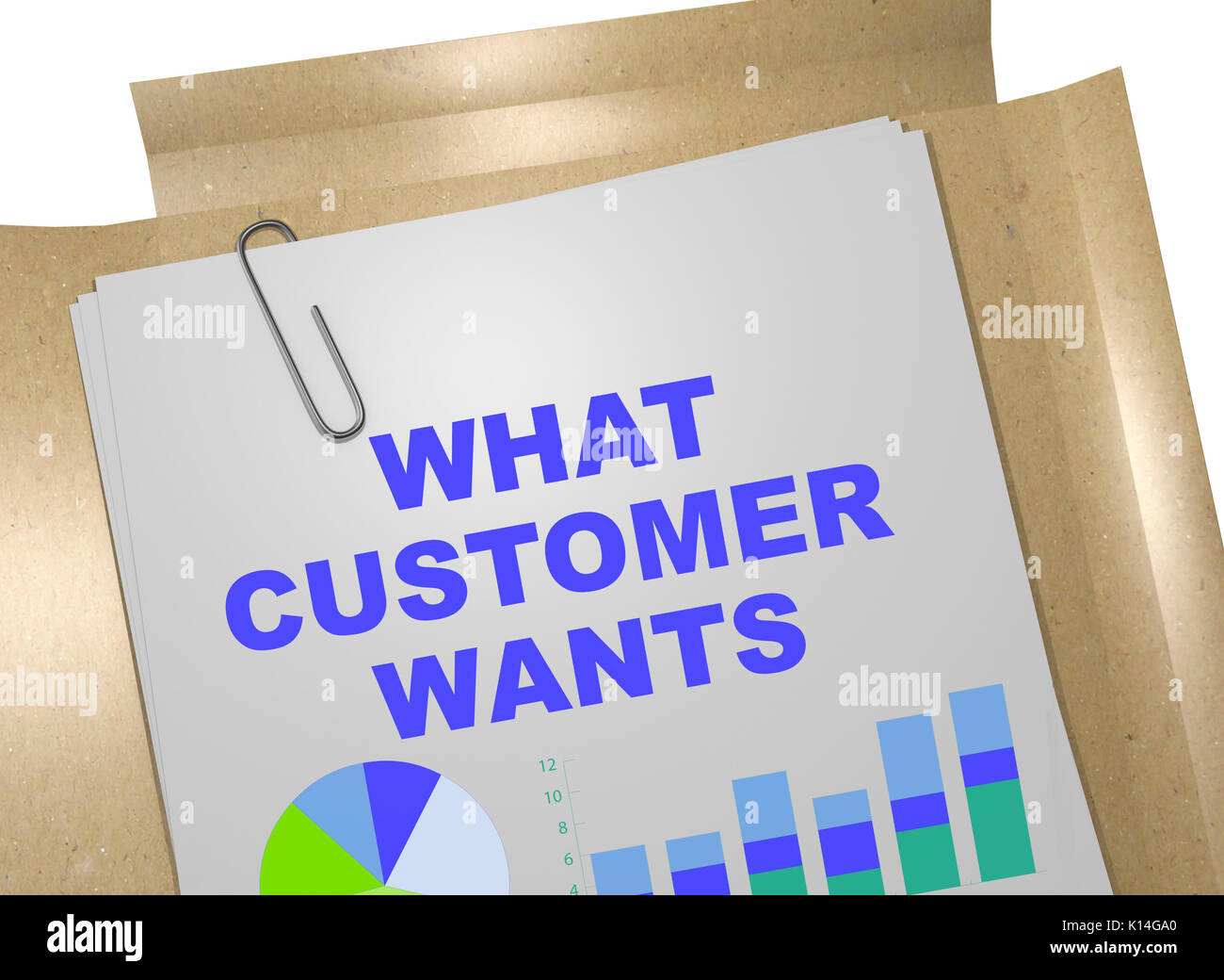 3D illustration of "WHAT CUSTOMER WANTS" title on business document ...