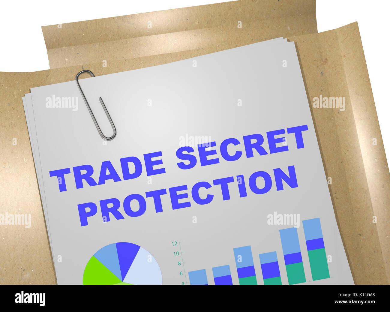 3D illustration of "TRADE SECRET PROTECTION" title on business document ...